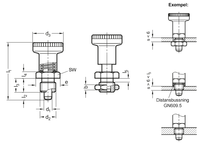 Kort inställningsbult i brunerat eller rostfritt stål med knopp i termoplast