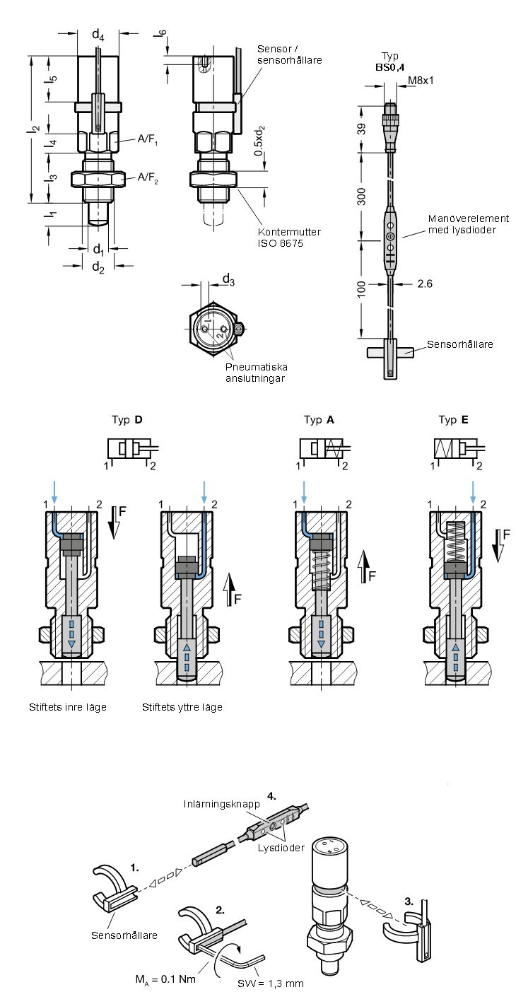 Pneumatisk inställningsbult i rostfritt stål, med eller utan sensor ...